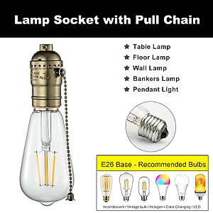 Pull Chain Lamp Socket Replacement, E26 Standard Threaded Base, Lamp Parts for Table and Floor Lamps, Light Bulb Socket with Pull Chain Lamp Switch, UL Listed, 1 Pack (Antique Brass)