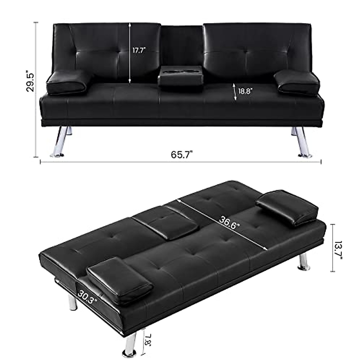 Lamerge Sofa Bed with 2 Cup Holders,PU Leather Convertible Upholstered Folding Sofa,67" L Multi-Functional Futon Sofa Couch for Small Space, Apartment,Dorm, Removable Armrest,Black