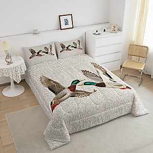 Erosebridal Mallard Duck Comforter Set Queen Wild Animal Bedding Set, Grey Honeycomb Duvet Insert Lake Wildlife Duvet, Modern Geometric Hexagon Quilted Duvet Hunting Theme Home Decor 3pcs