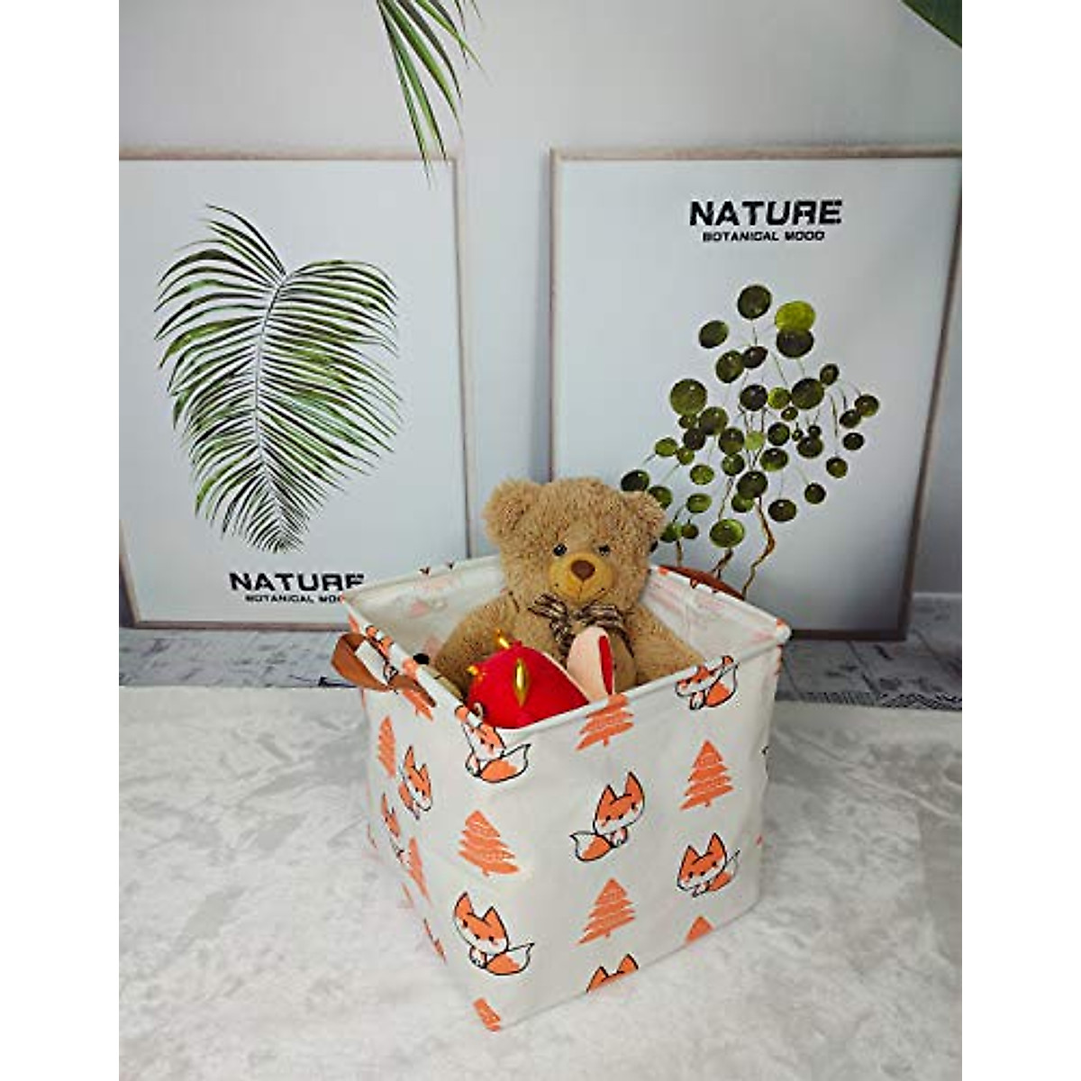 ASKETAM Square Canvas Collapsible Fabric Baby Toy Box Storage Bin Bedroom Decor Closet Kids Laundry Baskets Toy Organizer,Shelf Basket Nursery Storage,Gift Baskets(Fox Little Pine)