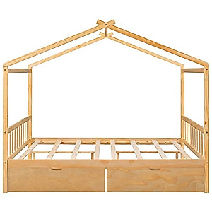 RUNWON Full Size House Platform Bed with Two Drawers,Headboard and Footboard,Roof Design for Kids Adults Bedroom