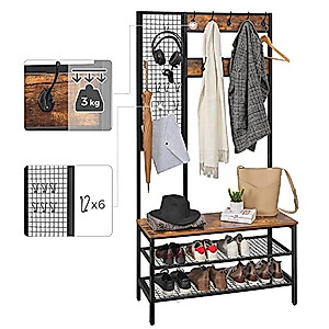 VASAGLE ALINRU Hall Tree, Coat Rack, Coat Stand with Grid Wall, Shoe Rack, 2 Mesh Shelves, 15 Hooks, 72.8-Inch Tall, Large Storage Space, Easy to Assemble, Industrial Style, Rustic Brown UHSR98BX