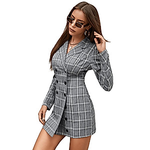 SweatyRocks Women's Casual Puff Sleeve Lapel Button Front Plaid Blazer Dress Grey L