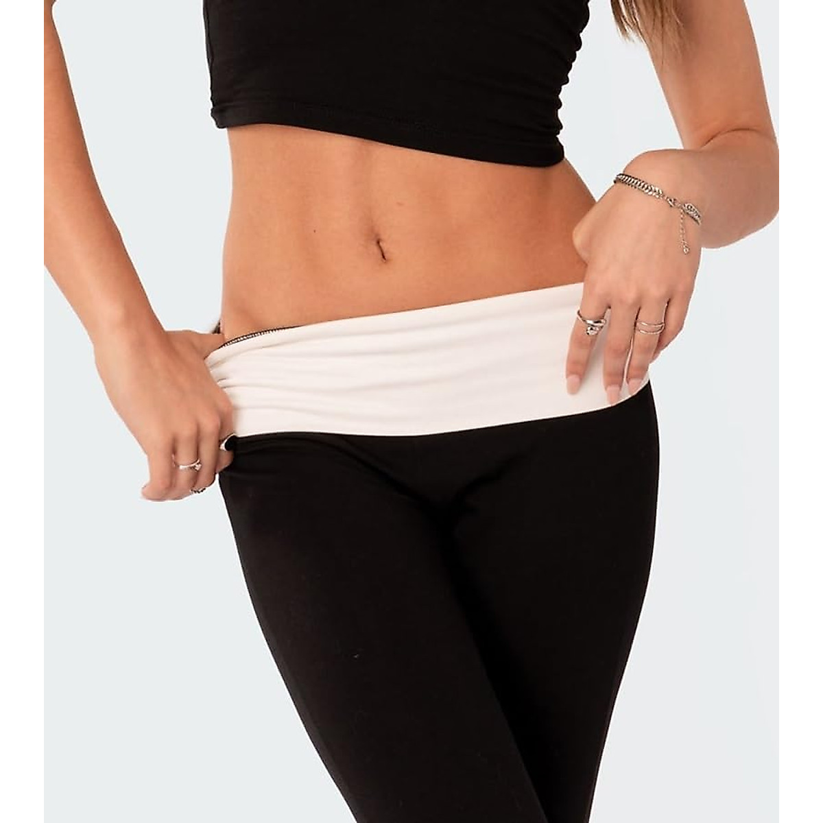 KMBANGI Women Skinny Pants Fold Over Bootcut Stretchy Yoga Flare Leggings Long Y2k Joggers Sweatpants Lounge Streetwear(Lapel Waist Black,S)