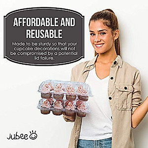 Jubee 12 Compartment 6 Set Cupcake Containers Clear Sturdy Strong Holders Carrier Box Tray Disposable Plastic for Regular Sized Muffins Bulk of Dozen Tall Dome Lid