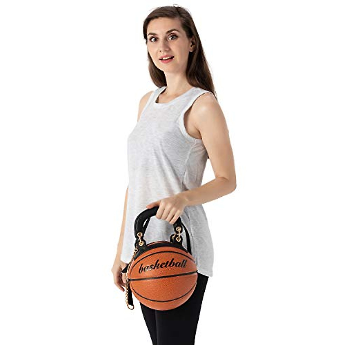 Women Basketball Shaped Purse Girls Round Handbag Fashion Cute Handle Bag Shoulder Cross Body PU Leather Messenger Bags Adjustable Strap (Brown)