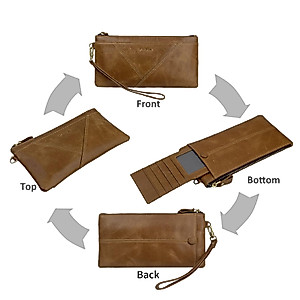 IVESIGN RFID Blocking Leather Wallet for Women, Genuine Leather Slim Wristlet Clutch with Phone Holder, Credit Card Organizer, Coin Purse & Removable Strap – Brown