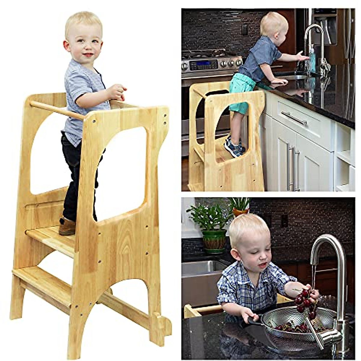 KATANABANA Kids Kitchen Step Stool Helper Made from Hardwood - Montessori Standing Tower for Learning (White)