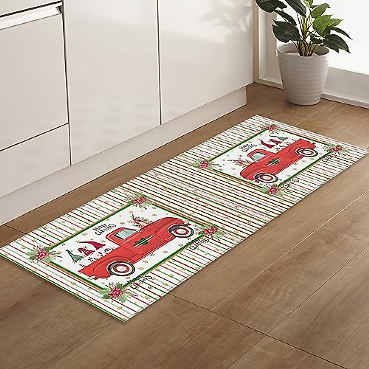 Christmas 2 Pieces Kitchen Rugs and Mats Set, Merry Christmas Red Truck with Gnome Green Stripes Kitchen Mats Cushioned Floormat Non Slip Runner Rug Set for Kitchen Laundry Entryway, 20"x24"+20"x48"