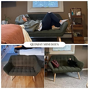 QUINJAY 48'' Small Loveseat Sofa, Modern Sherpa Mini Sofa Couch 2-Seater Fluffy Love Seat with Quilting Backs and Wood Legs for Living Room, Bedroom and Small Space, White, White; Fluffy