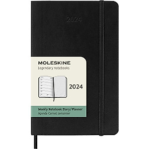 Moleskine DSB12WN2Y24 Notebook, Beginning with January 2024, 12 Months, Weekly Diary Soft Cover, Pocket Size (W x H x H): 3.5 x 5.5 inches (9 x 14 cm), Black