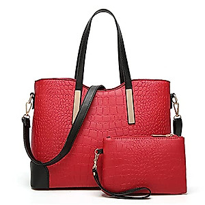 Women Handbags, Satchel Shoulder Tote Bags Wallets, Soft Leather Bucket Tote Purse Set of 2 (Red)