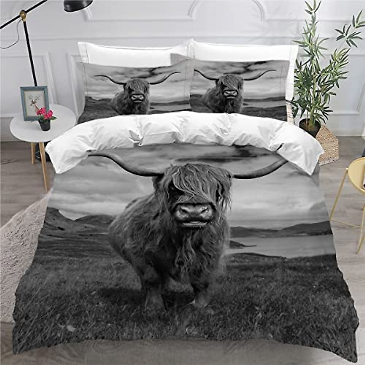 Quilt Cover Twin Size Scottish Highland Cattle 3D Bedding Sets Cow, Animal Duvet Cover Breathable Hypoallergenic Stain Wrinkle Resistant Microfiber with Zipper Closure,beding Set with 2 Pillowcase