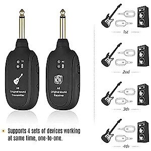 Wireless Guitar System, Wireless Guitar Transmitter and Receiver, 3.7V 600mAh 20Hz-20kHz UHF Built-in Rechargeable Support 4 Channels Transmitter Receiver with Plug for Electric Guitar Bass Organ