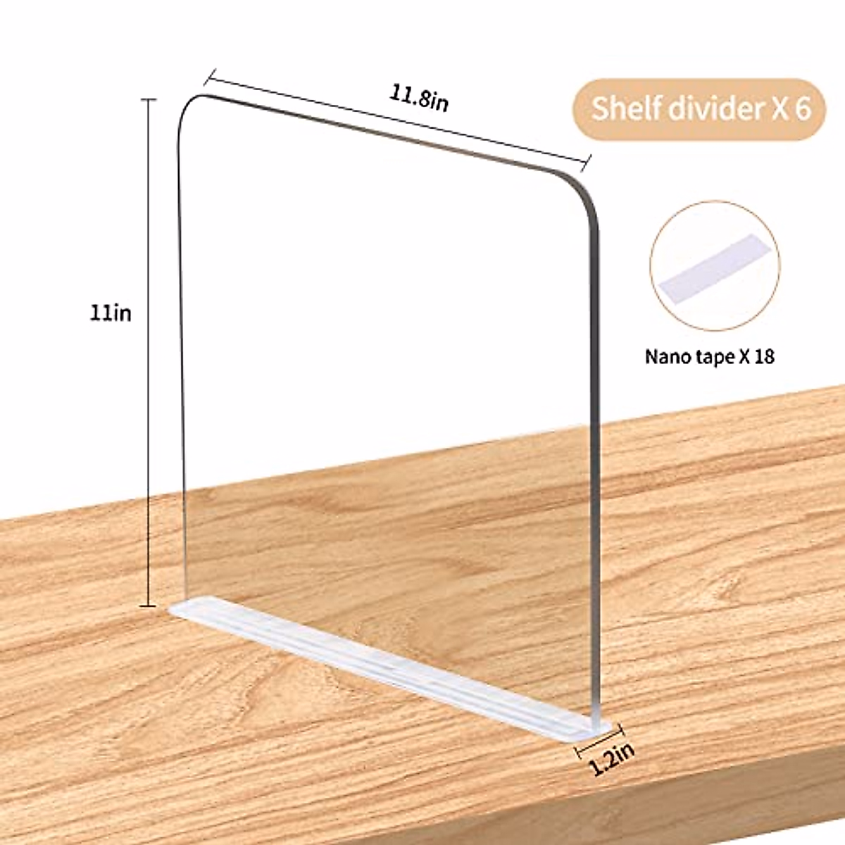 Fixwal 6 Pack Clear Shelf Dividers for Closet Organization, Closet Shelf Divider Organizer Multi Functional Wood Closet Separator for Storage in Bedroom, Kitchen, Office