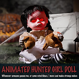 NEYEABL 10" Spirit Animatronic Ghost Girl Doll Halloween Decorations-Sound Activated Creepy Sound & Head & Hand Movements Red Eyes Lit, Haunted House Holiday Props, Halloween Spooky Animations