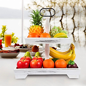 CRAZYMOTO Wood 2-Tier Rustic Tray, Farmhouse Tiered Tray Stand, Rectangular Tray for Cakes, Desserts, Fruits, Snack, Candy, 16x12x17 inches, 4 lbs, White