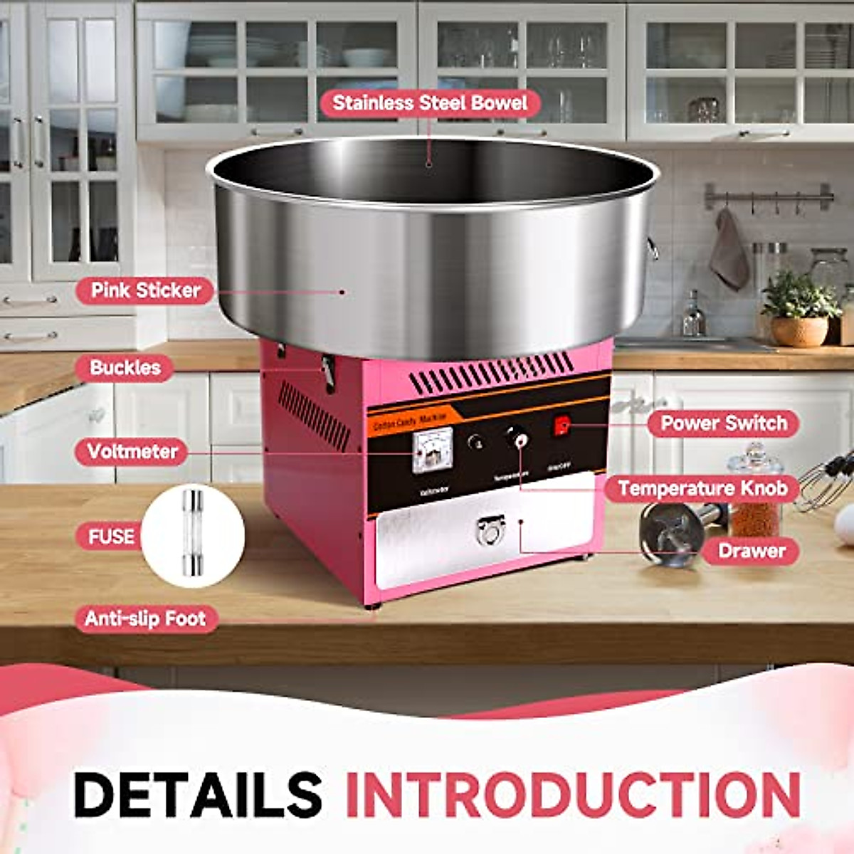 LIANQIAN 980W Cotton Candy Machine, Electric Cotton Candy Maker With Stainless Steel Bowl, Sugar Scoop, Storage Drawer, Commercial Candy Floss Maker for Family, Party Carnival, Amusement Park-Pink