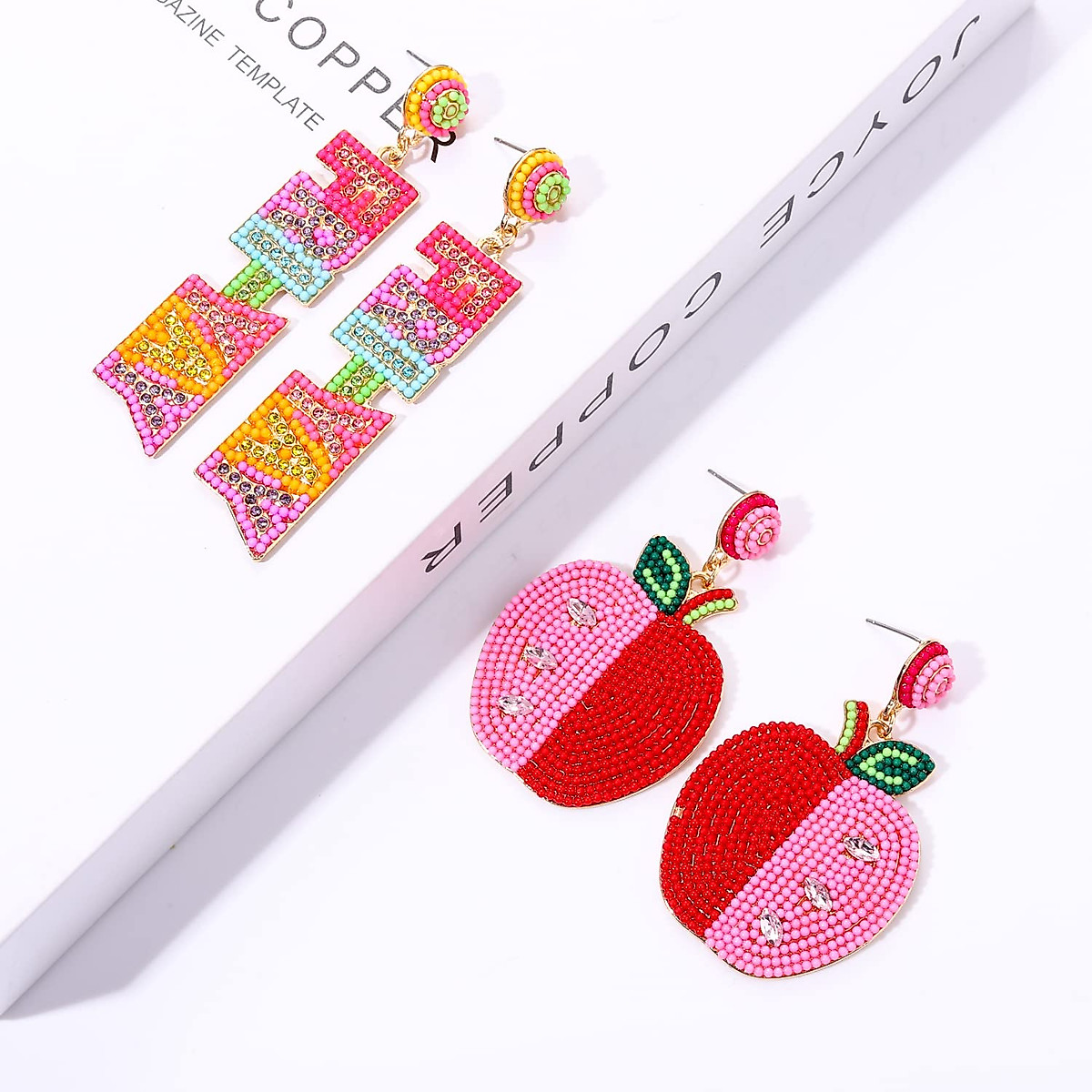 2 Pairs Teacher Earrings for Women, Beaded Fri-Yay Pencil Earrings Drop Dangle Earrings Teacher Appreciation Gifts Teacher Jewelry Gifts (FRI-YAY&Apple)