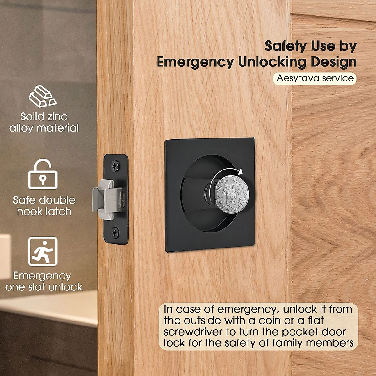 Aesytava Black Pocket Door Hardware, 2 Pack Matte Black Pocket Door Lock for Bathroom, Heavy Duty Solid Square Pocket Door Hardware(2 Pack)