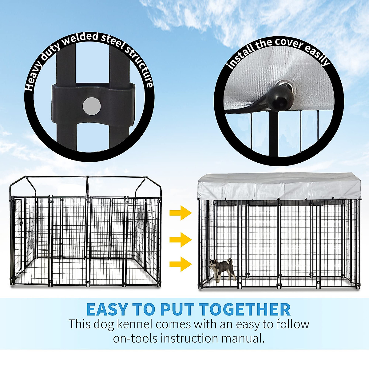 HITTITE Large Outdoor Dog Kennel, Heavy Duty Outdoor Dog Cage, Anti-Rust Dog Pens Outdoor with Waterproof UV-Resistant Cover and Secure Lock for Backyard,8'L x4' W x 6'H（with Roof）