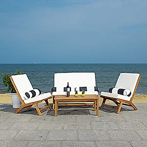 SAFAVIEH Outdoor Collection Chaston Natural and Beige 4-Piece Set with Black & White Pillows