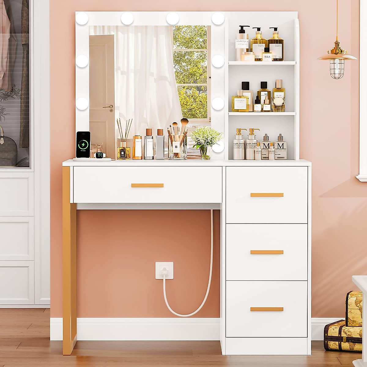Quimoo Makeup Vanity Desk with Mirror & Lights, Vanity Desk with 4 Drawers & Power Outlet, Vanity Table with Open Storage Shelves, 3 Color Modes & Adjustable Brightness Dressing Table, Bedroom