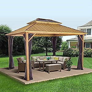 GARTOO 10' x 12' Patio Galvanized Steel Hardtop Gazebo - Outdoor Aluminum Frame Porch Gazebo with Vented Double Roof & Breathable Netting for Garden, Lawn, Outdoor Party, Backyard Deck
