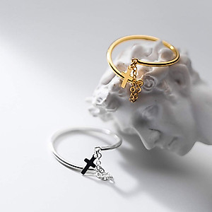 Izpack Minimalist Cross Stacking Rings Sterling Silver 925 for Women Girls Men Adjustable Simple Tassel Chain Dangle Charm Faith Hope Love Eternity Promise Ring Wrap Finger Statement Band Jewelry