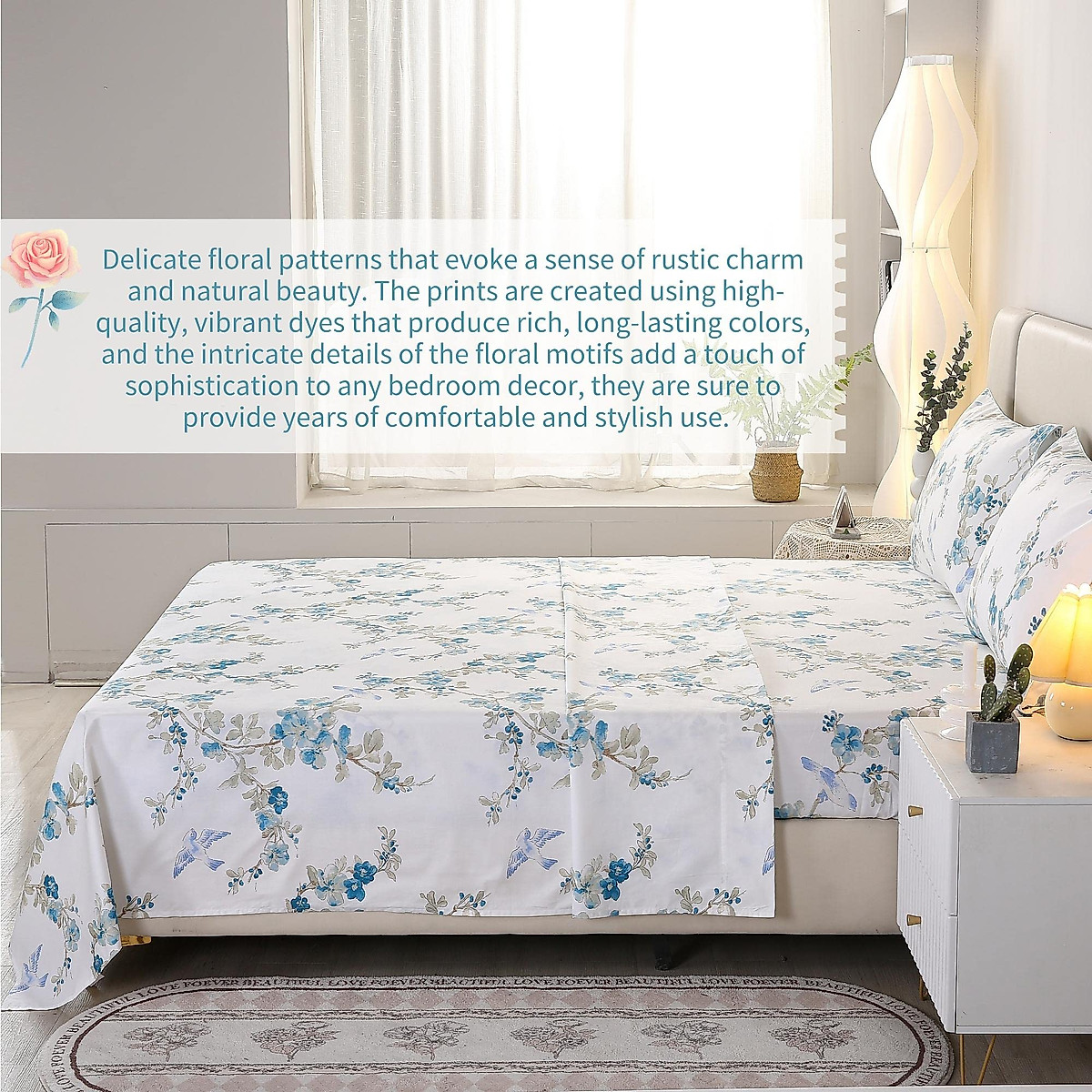 RYNGHIPY Flowers and Birds Sheet Sets Queen Size, Botanical Floral Egyptian Cotton Bedding Sheets, Shabby Cotton Sheets with Pillowcases Extra Breathable 4Pcs (Cyan,Queen Size)