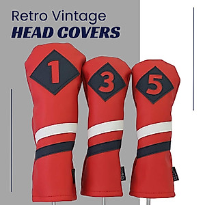 Majek Retro Golf Headcovers Red with White and Blue Stripe Vintage Leather Style 1 3 5 Driver and Fairway Head Covers Fits 460cc Drivers Classic Look