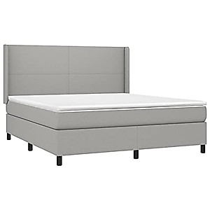 GOLINPEILO Queen Fabric Box Spring Bed with Mattress Set,Included 1 x Bed Frame/1 x Headboard with Ears-A/1 x Mattress/1 x Mattress Topper, Light Gray with Black Legs(Style A)