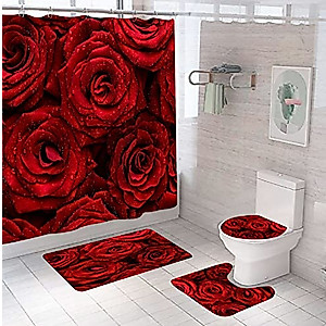 4pcs Red Roses Bathroom Sets with Shower Curtains and Rugs for Women Romantic Red Roses Shower Curtains with Nonslip Rugs and Soft Bath Mat Toilet Seat Cover for Valentines’ Day Gifts