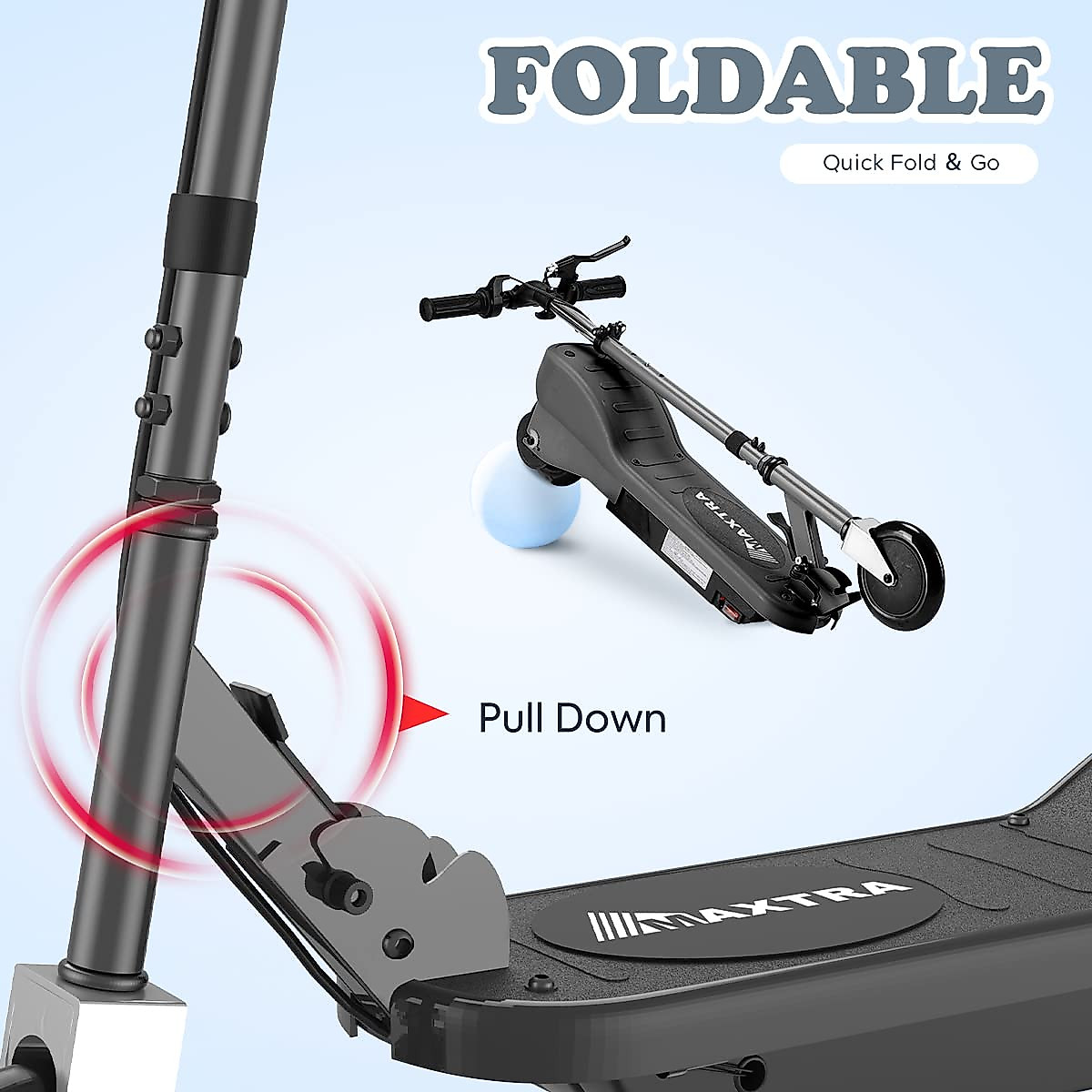 MAXTRA Folding Electric Scooter, Adjustable Handlebar Height for Kids Ages 6-12, up to 10mph ＆ 60 Long Battery Life