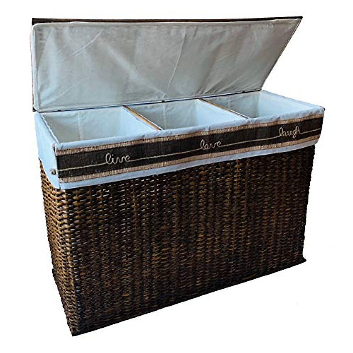 GUTZ Handcrafted Wicker Oversized 3 Section Divided Laundry Hamper Sorter and Organizer Handwoven Rattan Basket with Lid, Cloth Liner and Coconut Buttons, Jute Rope, and Raffia Weave Accent