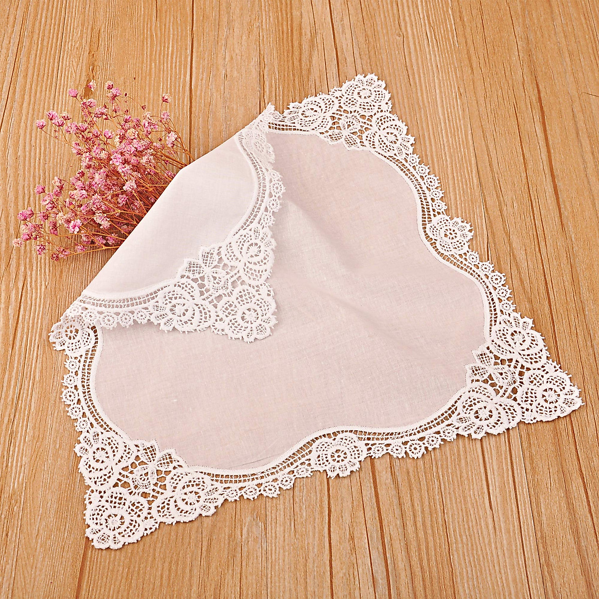 Milesky White Wedding Handkerchief Pure Cotton, Soft Ladies Hanky with Crochet Lace CH02