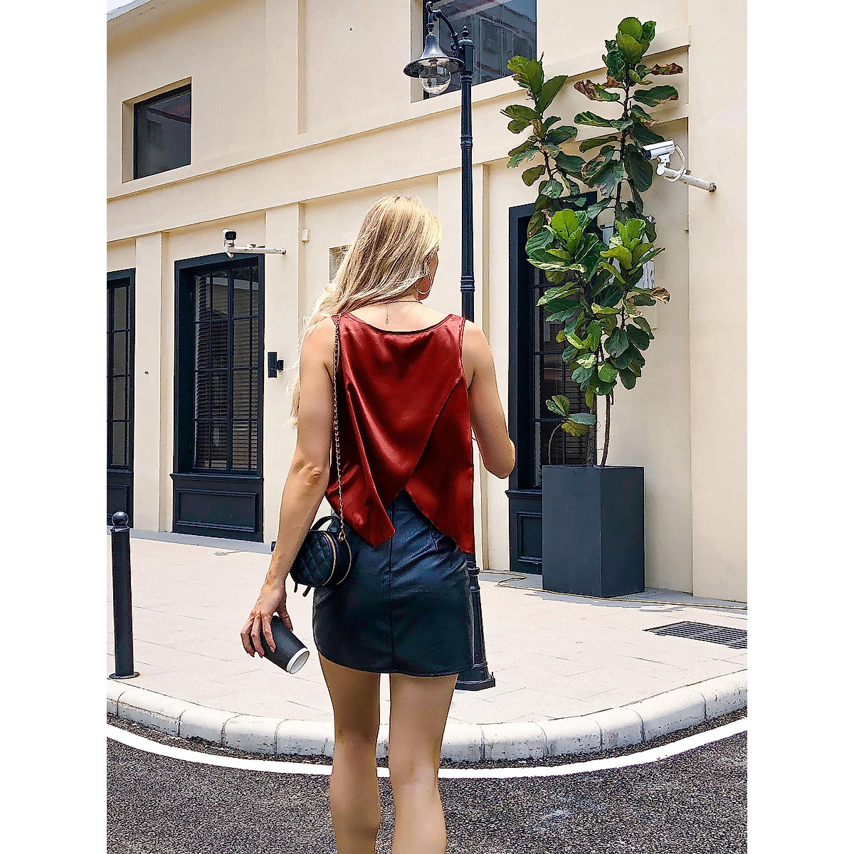 Ekouaer Womens Satin Pajamas Set Back Split Top and Long Pant Silk Pj Set Tank Sleepwear S-XXL Wine Red