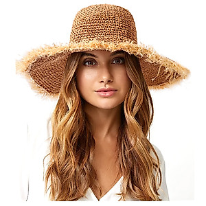 XOCARTIGE Sun Hats Women Straw Hats Wide Brim Summer Beach Hats Foldable Fringed Floppy Fedora Hats Summer Vacation Accessory (Brown)