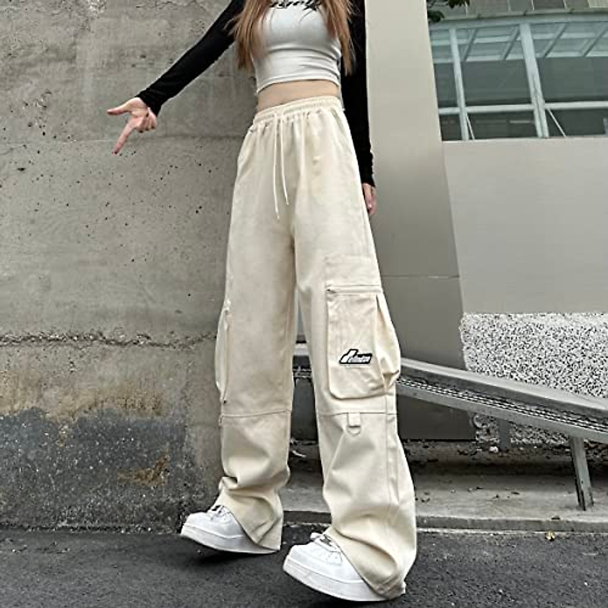 Women's Pants Cargo Jogger with Pockets Casual Work Trousers Loose Gothic Hiking Combat Sports Pants White