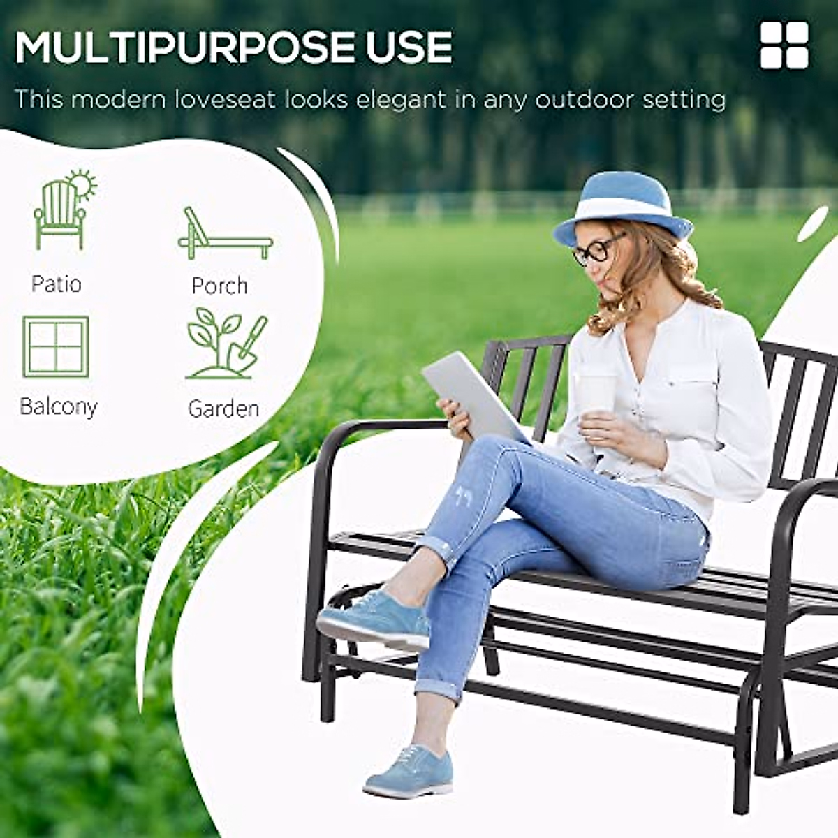 Outsunny Patio Glider Bench Outdoor Swing Rocking Chair Loveseat with Power Coated Sturdy Steel Frame, Black