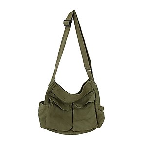 PRAGARI Canvas Messenger Bag Crossbody for Women Green Shoulder Aesthetic Laptop Tote Bag Hobo Large Cute School Travel Vintage Multiple Pockets