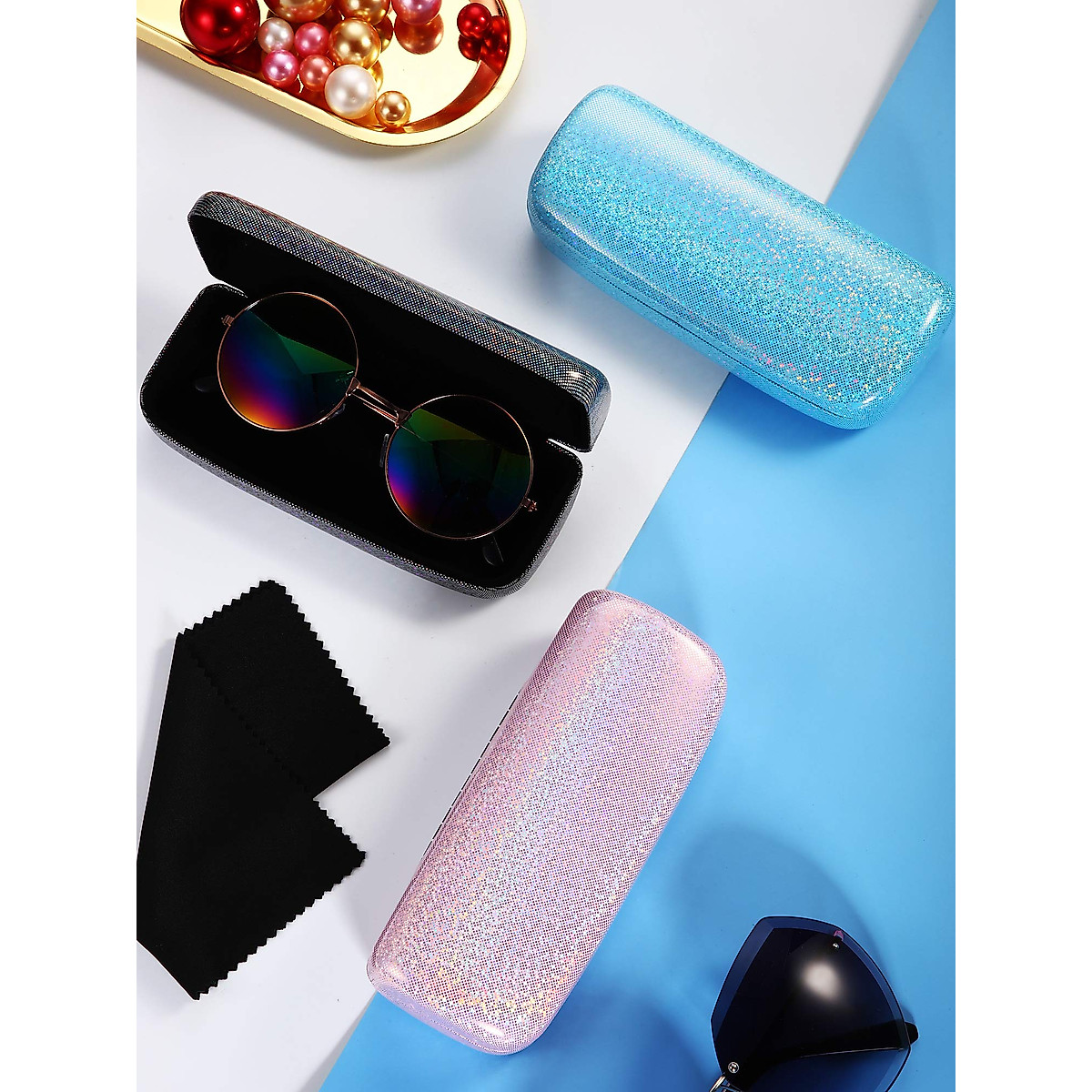 3 Pieces Hard Shell Sunglasses Case Dazzling Glitter Glasses Case Smooth Sunglasses Case with Eyeglass Cloth