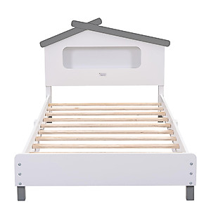 Bellemave Twin Platform Bed with LED Lights, Wooden Twin Kids Bed with House-Shaped Headboard, Twin Size House Bed Frame for Kids Teens Girls Boys,No Box Spring Needed (White+Gray)