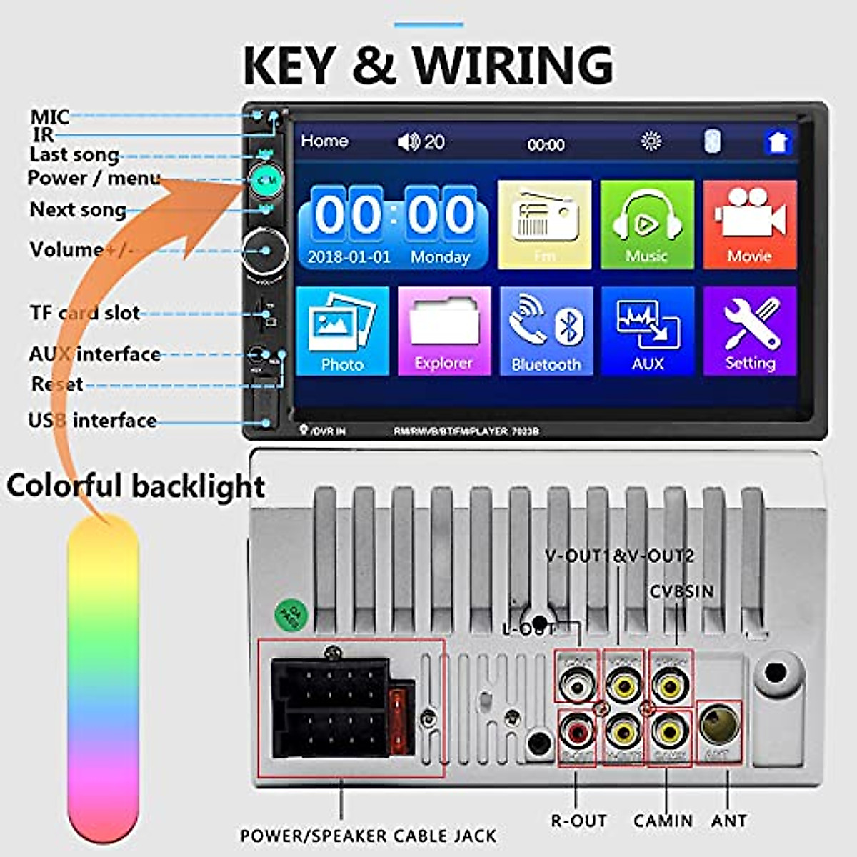 Podofo Car Stereo 2 Din Car Radio 7 Inch MP5 Player with HD Touch Screen Digital Display Bluetooth Multimedia support USB SD Aux-in Double Din Autoradio Mobile Phone Interconnection with Backup Camera