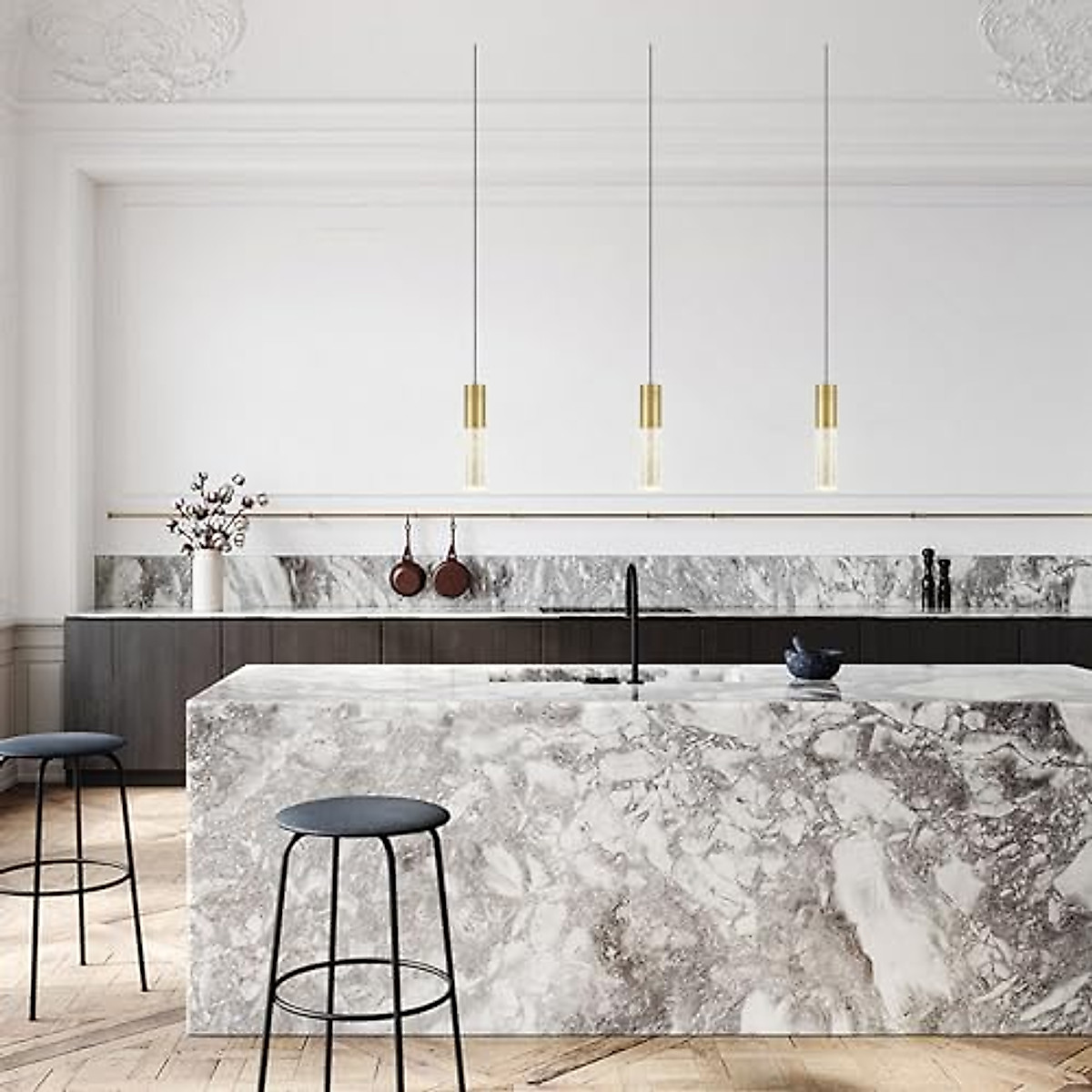 Pendant Lights Kitchen Island, Ceiling Hanging LED Vanity Light Fixtures with 3000K, Modern Crystal Cylindrical Shape Pendant Modern Kitchen Island Lighting for Dining Room, Bar- 2 Pack (Gold)