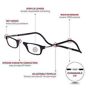 Clic Magnetic Reading Glasses (Expandable), Adjustable Temple Computer Readers, Original Expandable, (M-XL, Black, 1.75 Magnification)