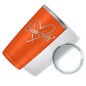 Boss Lady Big Heart Tumbler Birthday Gifts for Women, Coworker, Boss on Orange 20 oz Stainless Steel Insulated Cup with Lid - Travel Mug for Mom