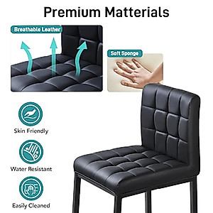 E&D FURNITURE Bar Stools 26 INCH Set of 2 with Back, Metal Legs PU Leather Barstool Mid-Century Modern Upholstered Counter Height Stool for Kitchen Island Counter, Black 2PCS