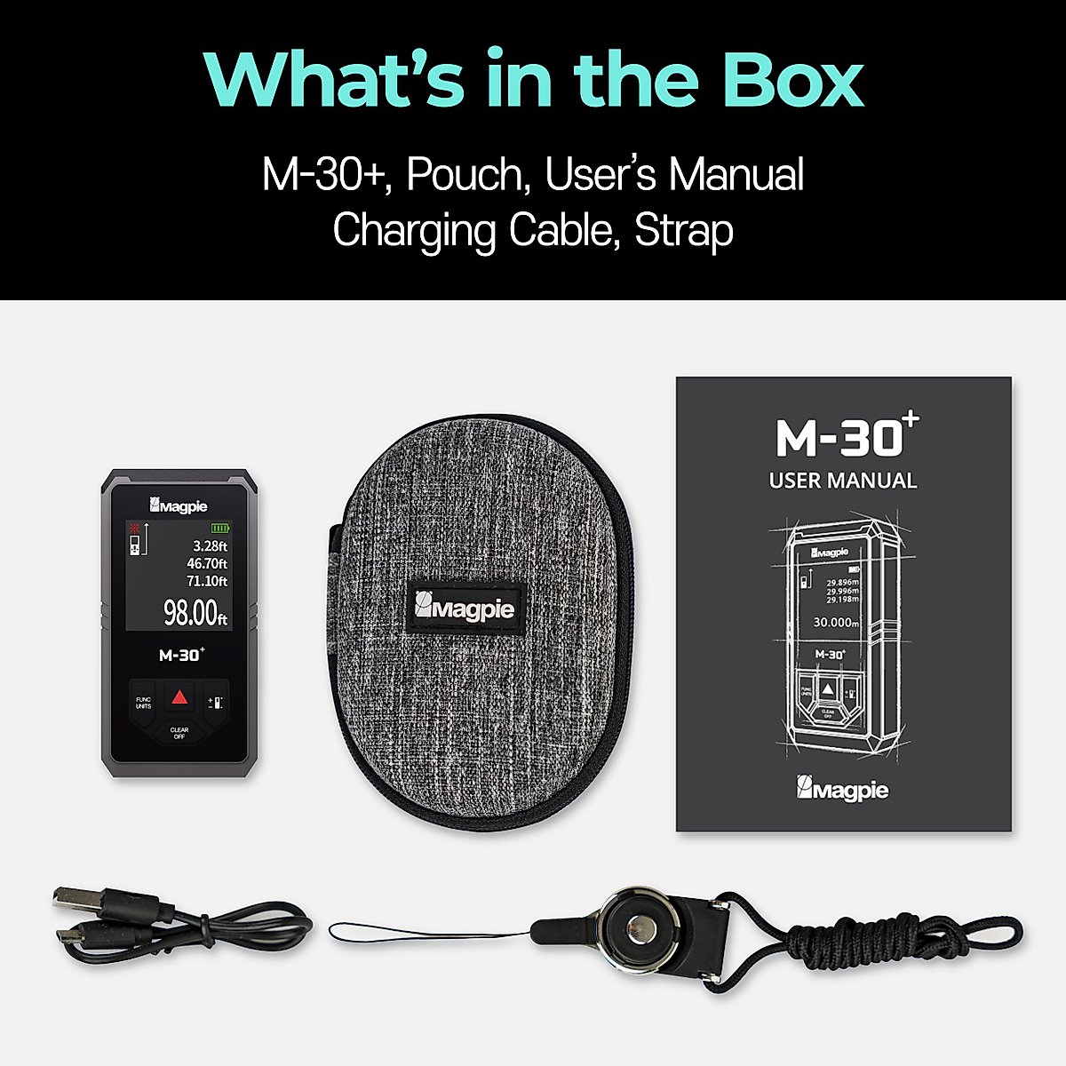 Compact Laser Measurement Tool, MAGPIE M-30+ 98ft/30m Small Laser Distance Meter, Rechargeable Laser Measure for Fast, Precise Results (‎Space Gray)