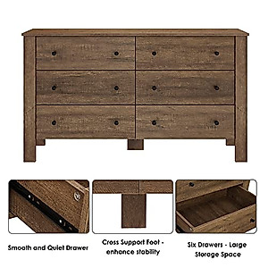 ITUSUT 6 Drawer Dresser, Wood Chest of Drawers, Wide Storage Dresser with Sturdy Frame, Closet Organizer for Living Room Closets, Hallway, Rustic Brown